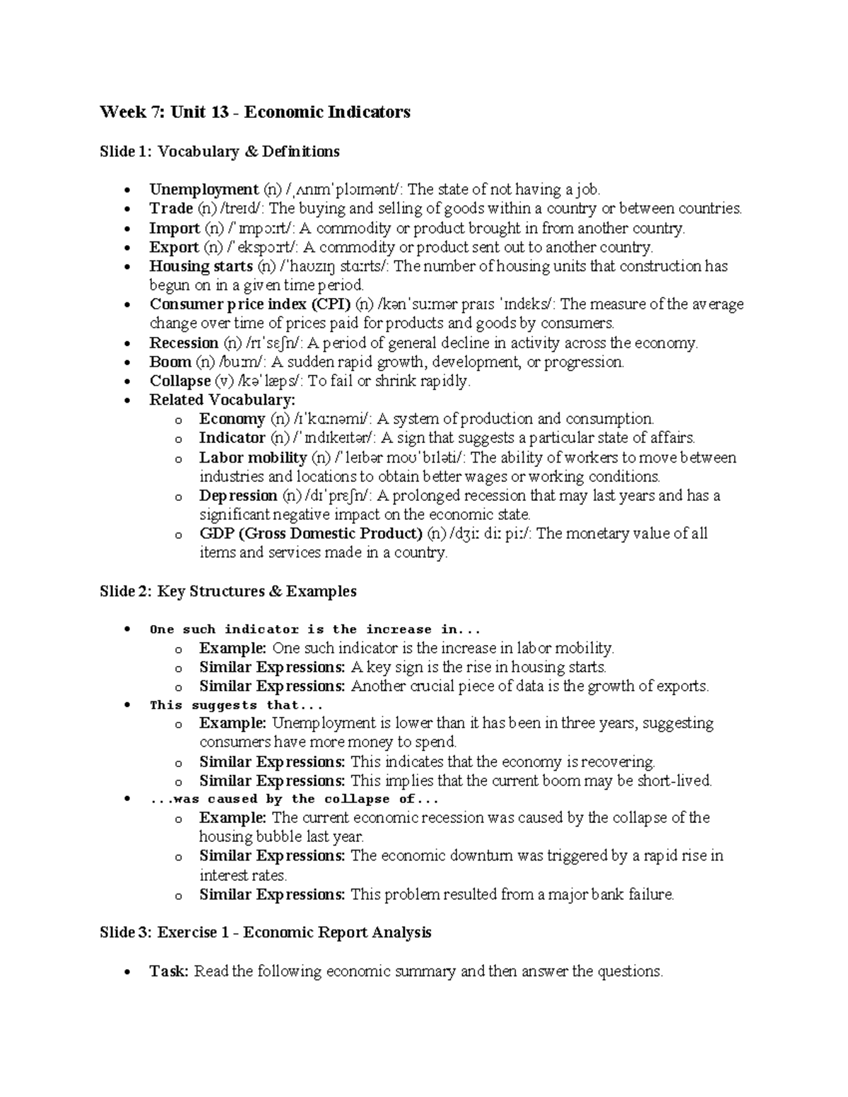 Economic Indicators & Vocabulary Definitions - Week 7 (EFB 3) - Studocu