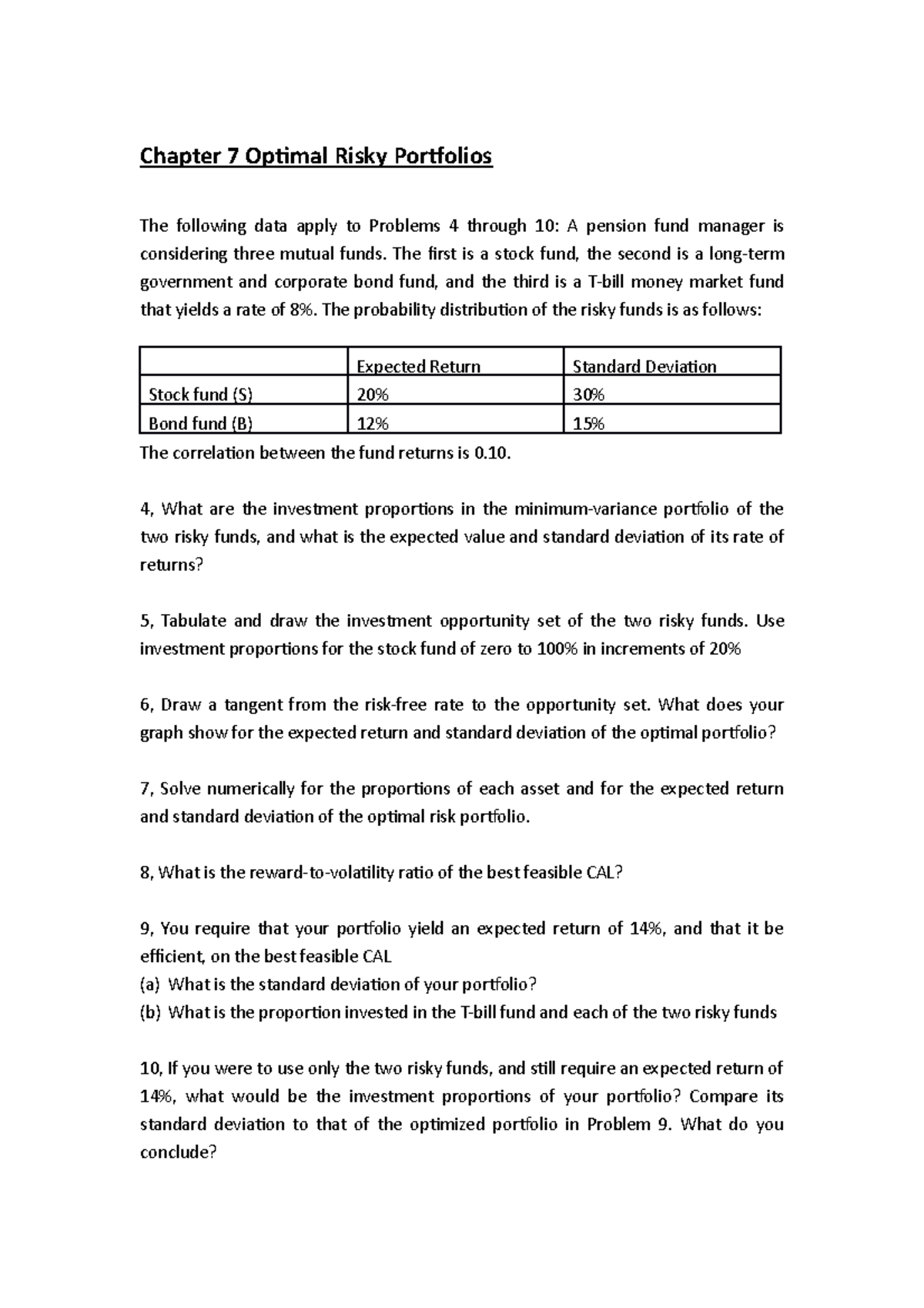 Solutions for Problem Sets Chapter 7 - Chapter 7 Optimal Risky ...