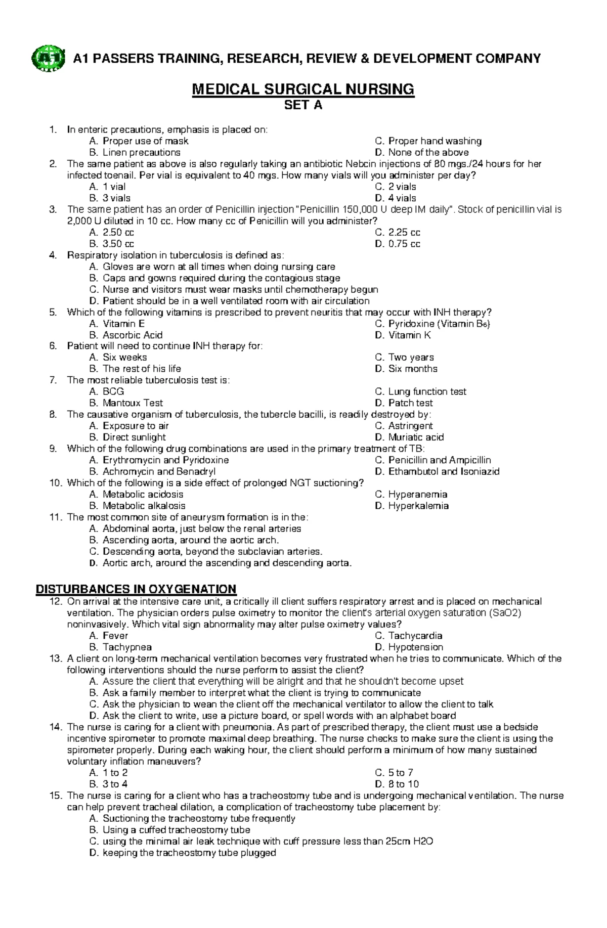 Medical Surgical Nursing Practice Questions - A1 PASSERS TRAINING ...