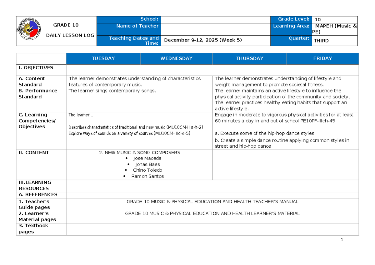 DLL G10 Q3 W5: Music Lesson Plan for MAPEH Grade 10 - Studocu