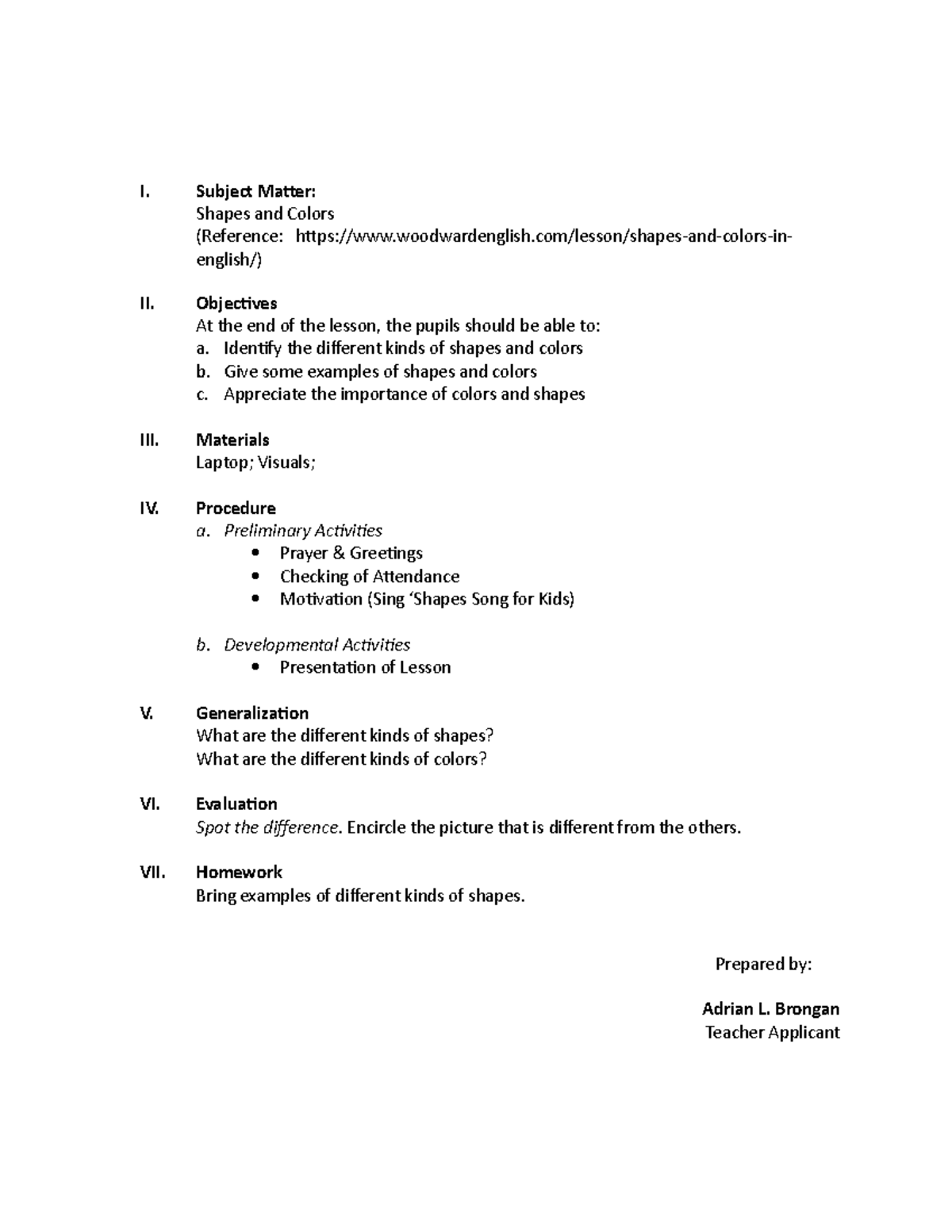 Detailed Lesson Plan on Shapes and Colors for Class Activities - Studocu