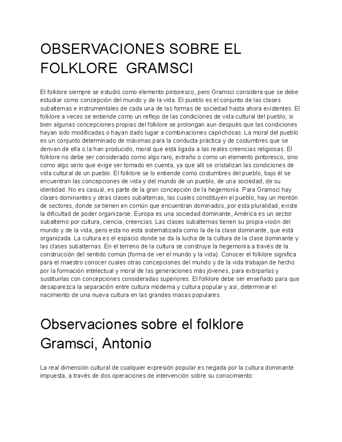 Resumen de Observaciones sobre el Folklore según Gramsci - Studocu