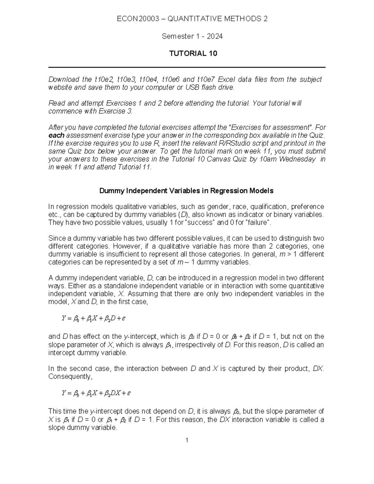 QUANTITATIVE METHODS 2 Semester 1 2024 TUTORIAL 10 Guide - Studocu