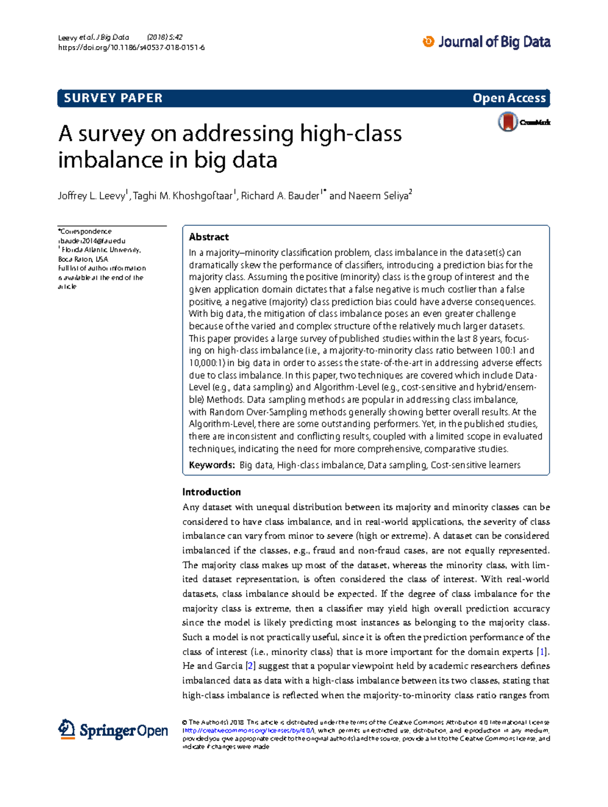Survey on Addressing Class Imbalance in Big Data (S40537) - Studocu