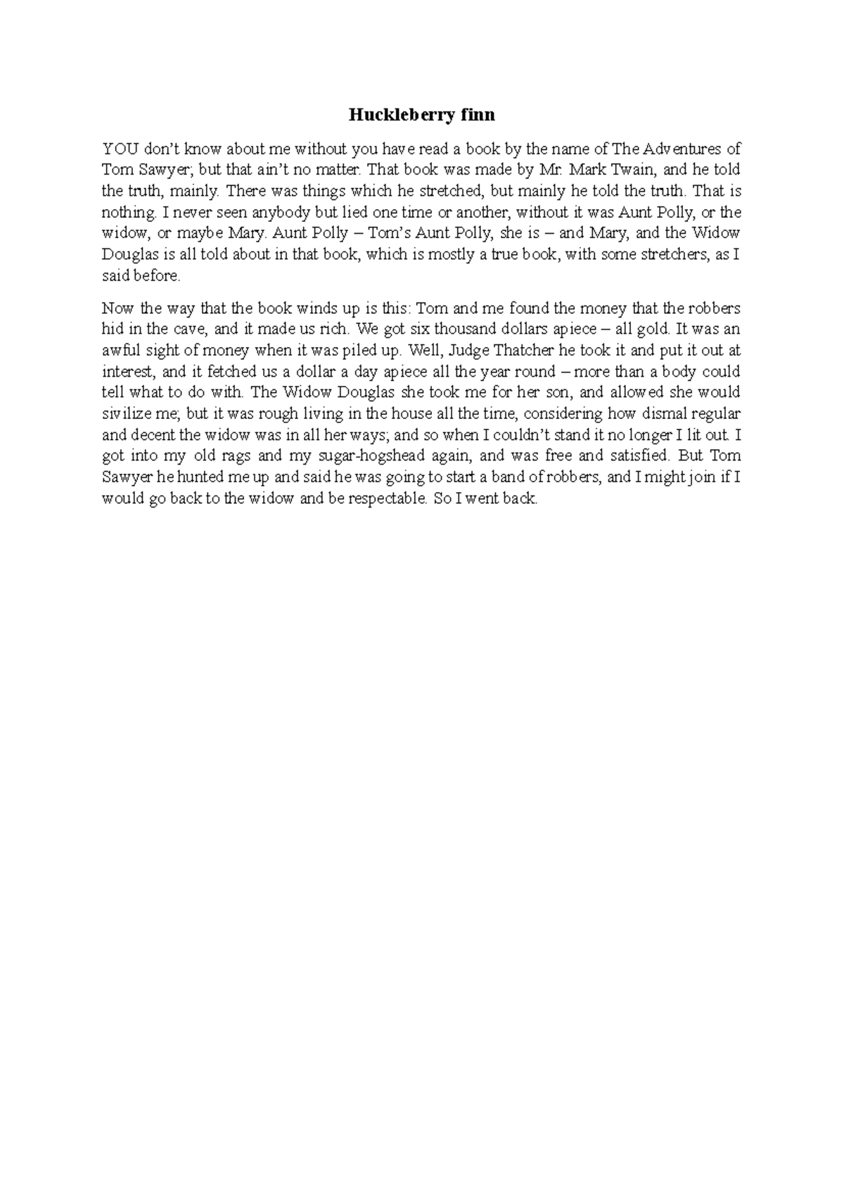 ENGL 101: Essay Notes on Huckleberry Finn by Mark Twain - Studocu