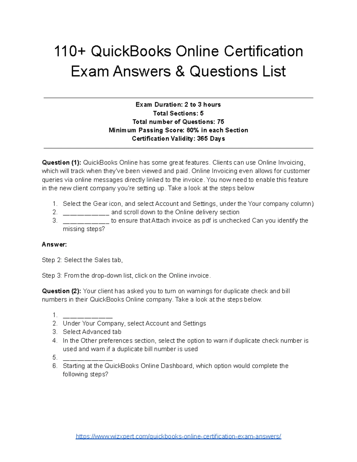 Quick Books Pro Advisor Certification Exam Questions Answers PDF 1 ...