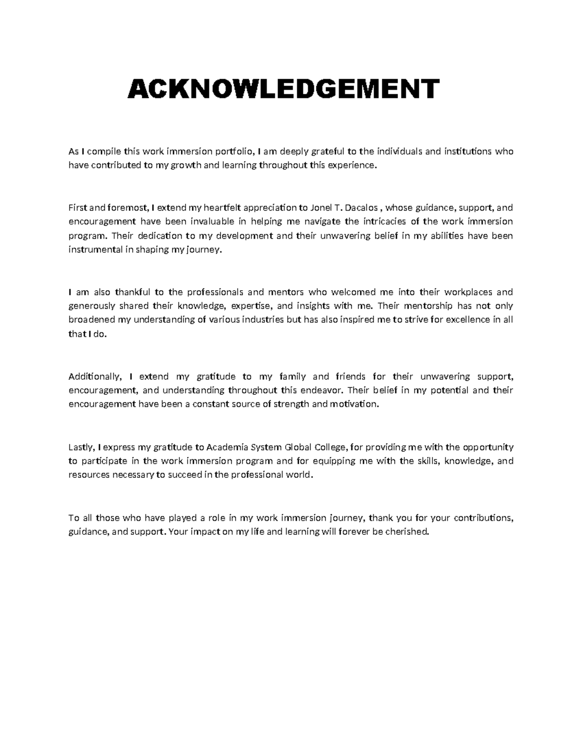 Richie Work Immersion Portfoliotik - ACKNOWLEDGEMENT As I compile this ...