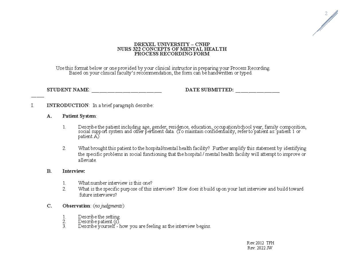 NURS 322 Process Recording Form for Mental Health Assessment - Studocu