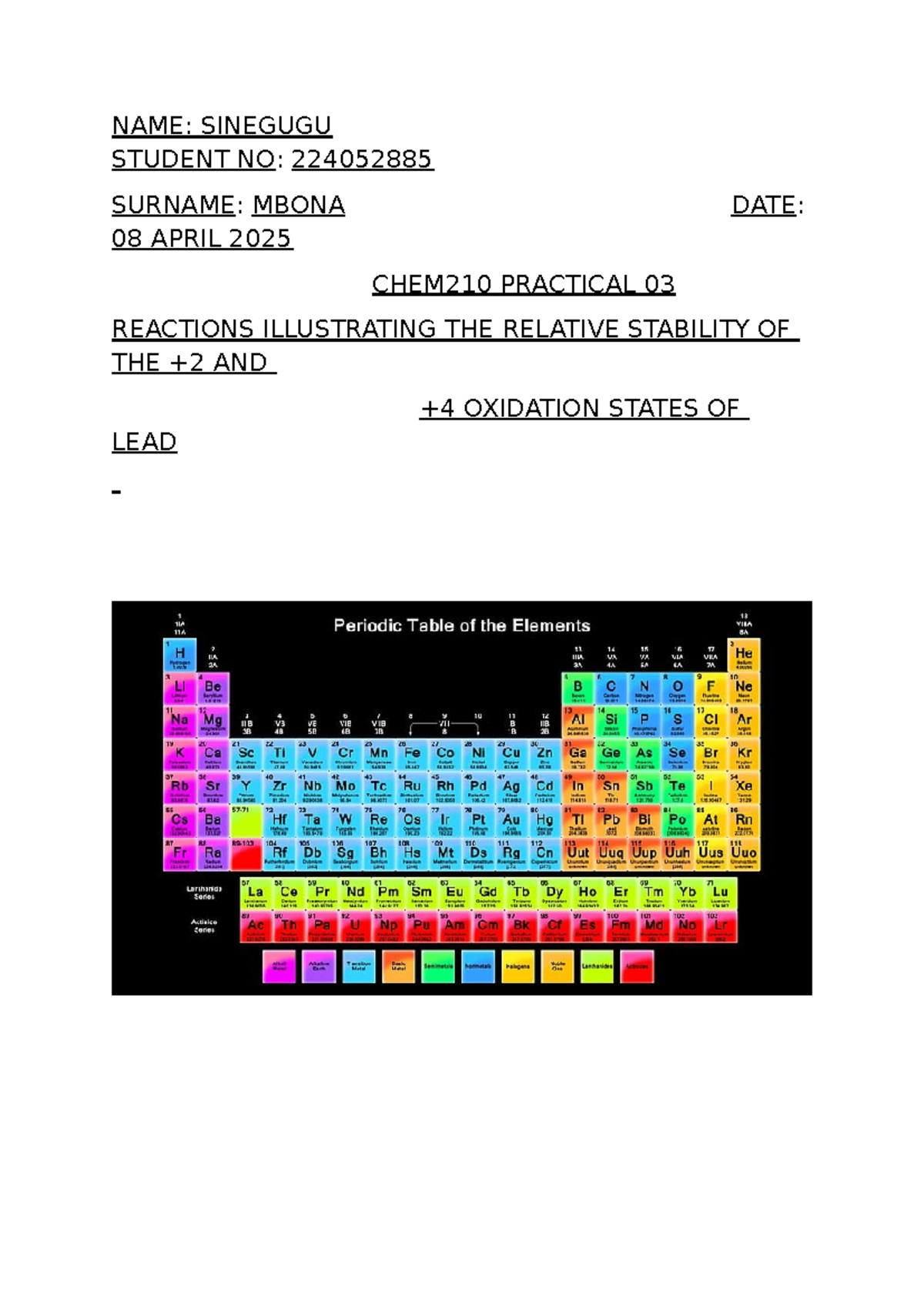 CHEM210 Practical 03: Reactions of Lead and Oxidation States - Studocu
