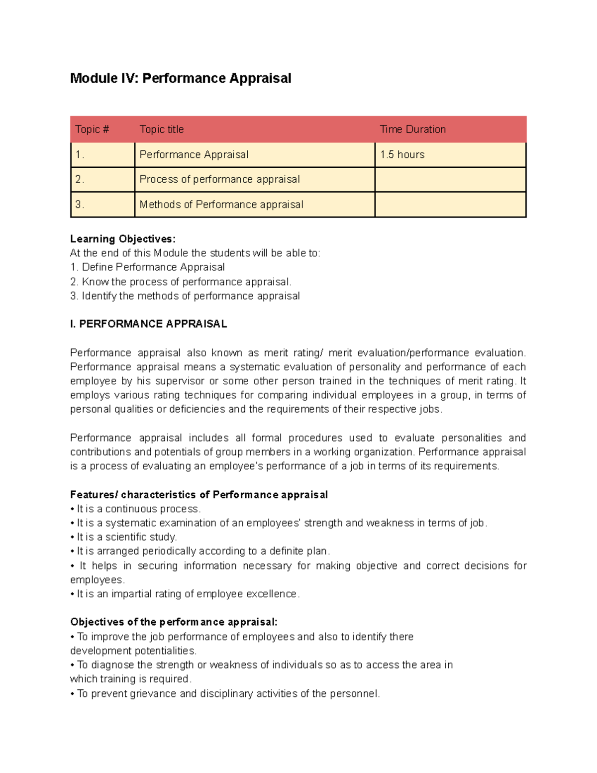 Module IV: Performance Appraisal Overview and Process - Studocu