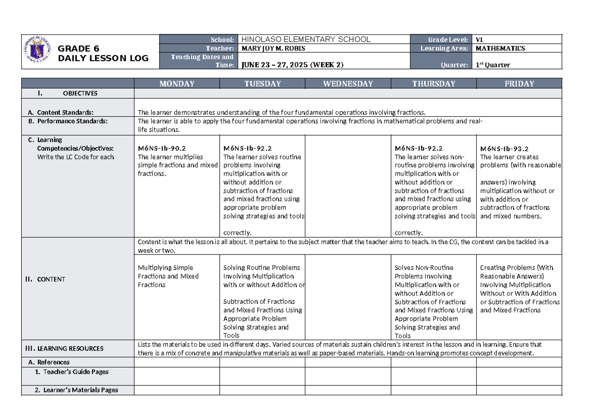 DLL Mathematics 6 Q1 W2: Daily Lesson Log on Fractions - Studocu