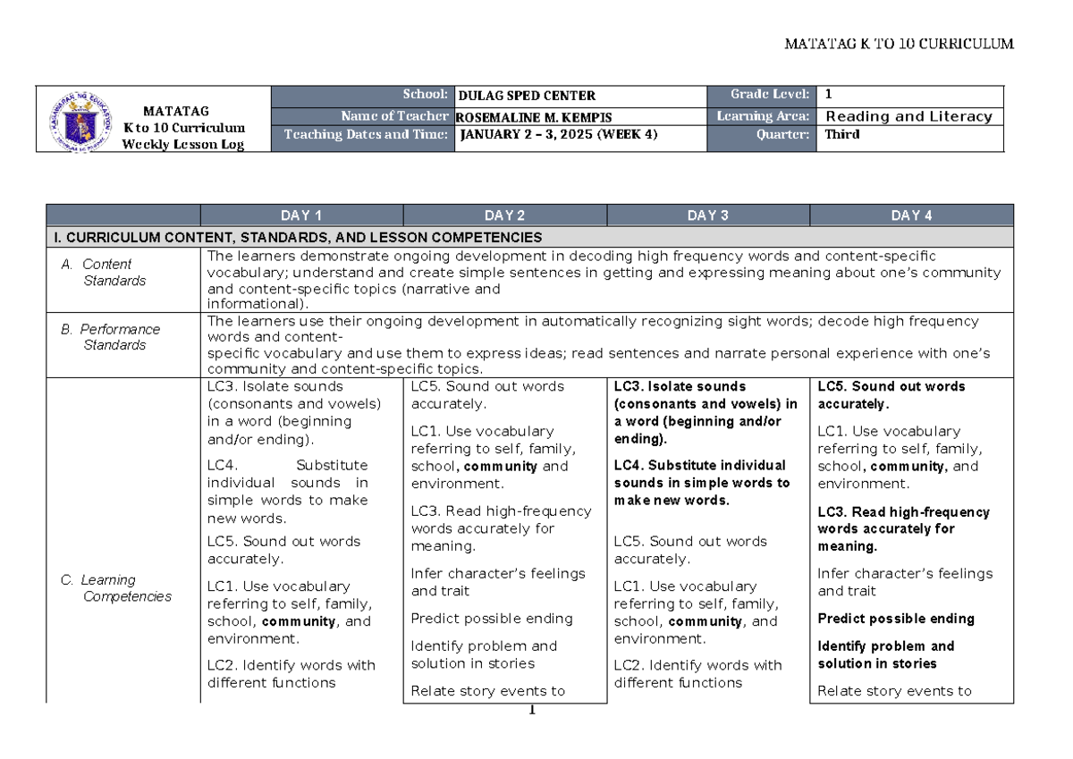 DLL Matatag Reading & Literacy 1 Q3 W4 - MATATAG K to 10 Curriculum Weekly Lesson Log School ...