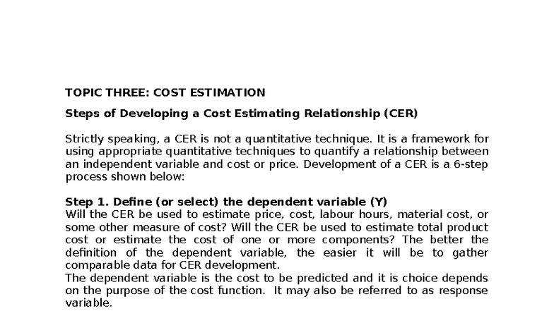 COST ESTIMATION (CER) Steps for Developing Cost Relationships - Studocu