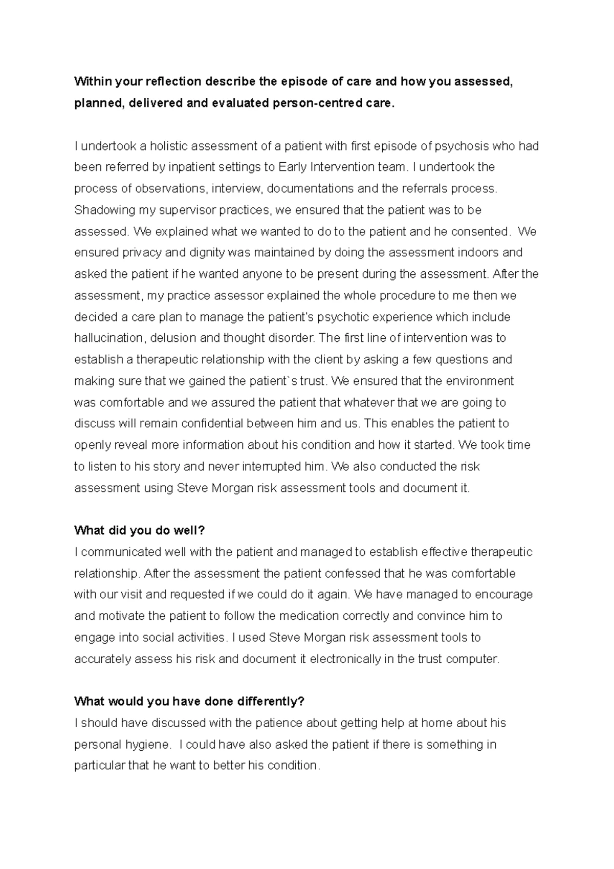 Episode of care Gibb's model - Within your reflection describe the ...