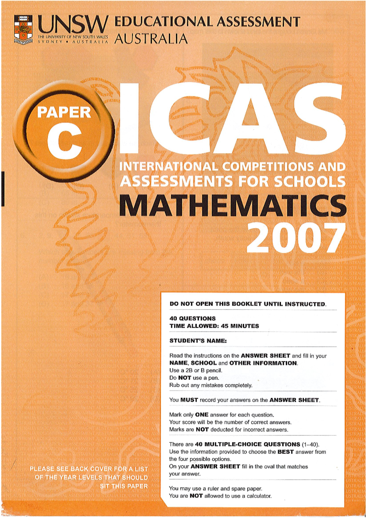 2007 ICAS Mathematics Paper C - Assessment Instructions and Questions ...