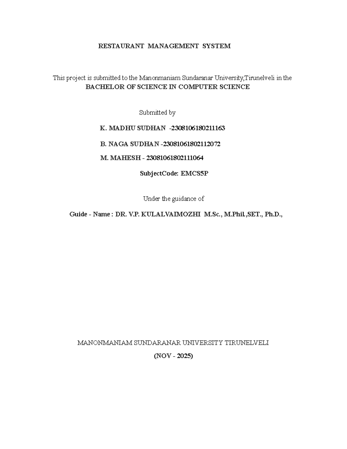 Restaurant Management System Project - B.Sc. in CS (EMCS5P) - Studocu