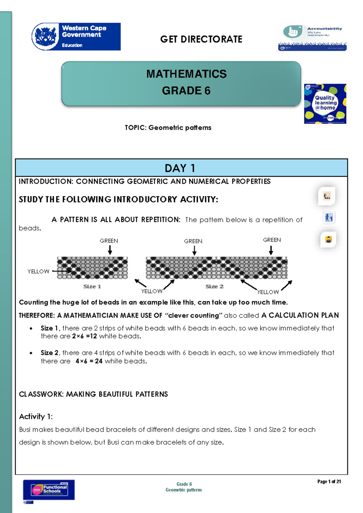 IP Grade 6 Mathematics 2020: Geometric Patterns Study Guide - Studocu