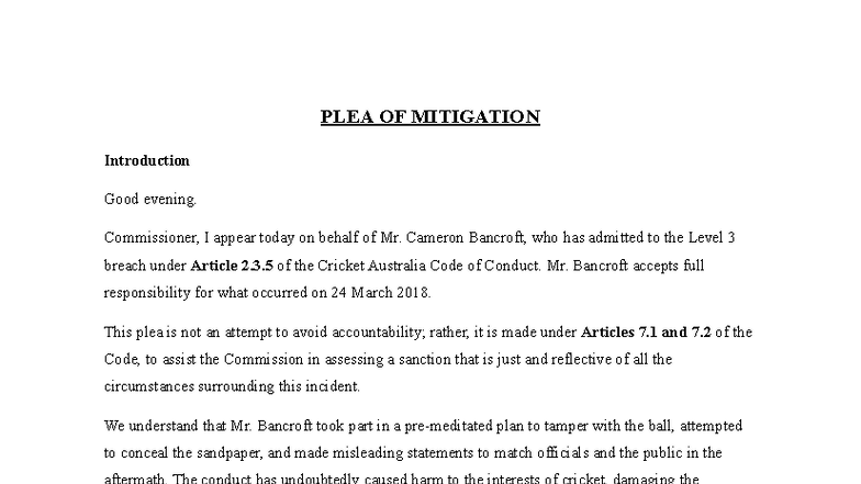 PLEA OF MITIGATION: Mr. Bancroft's Case Analysis (Cricket Law) - Studocu