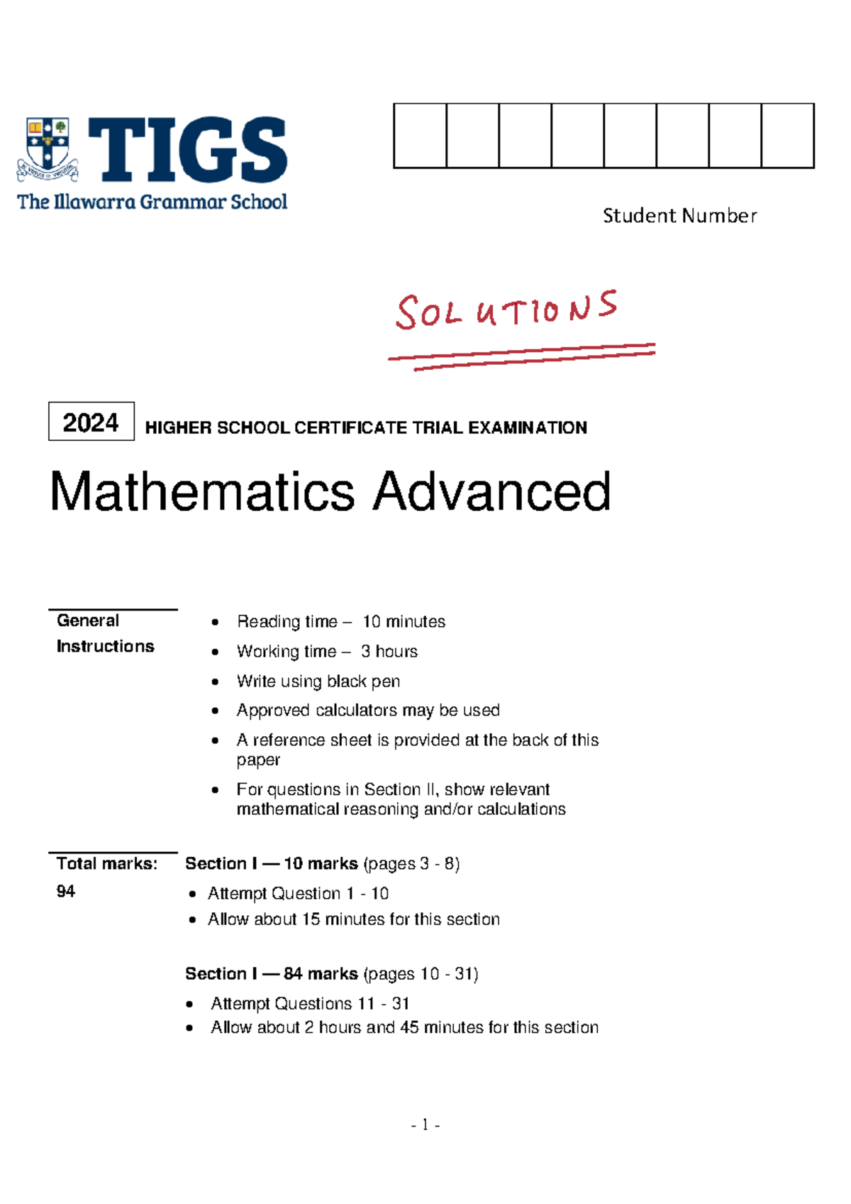 2024 HSC Trial Exam Mathematics Advanced Solutions - Studocu