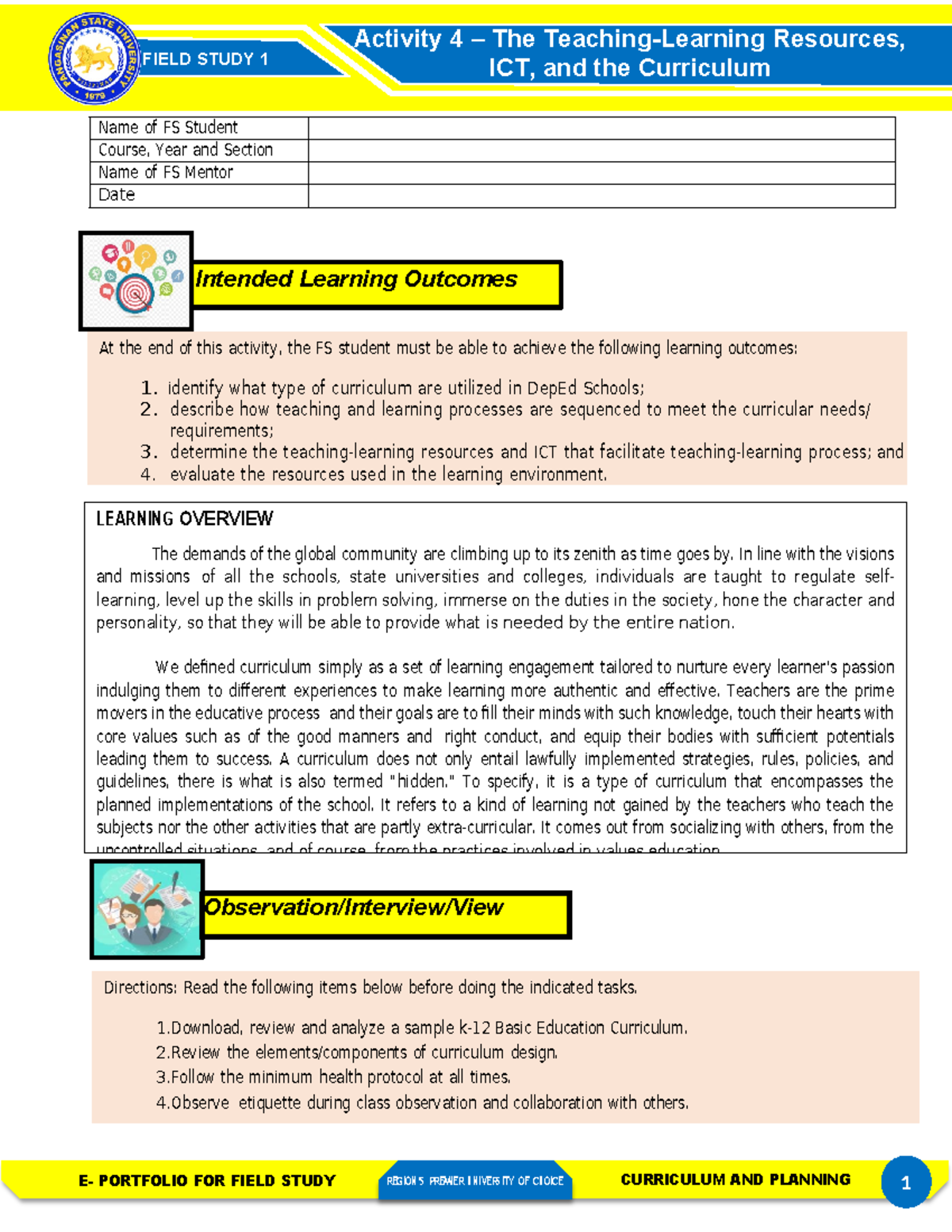 FS1 Activity 4 Docuuuuu - ICT, and the Curriculum FIELD STUDY 1 E- PORTFOLIO FOR FIELD STUDY ...