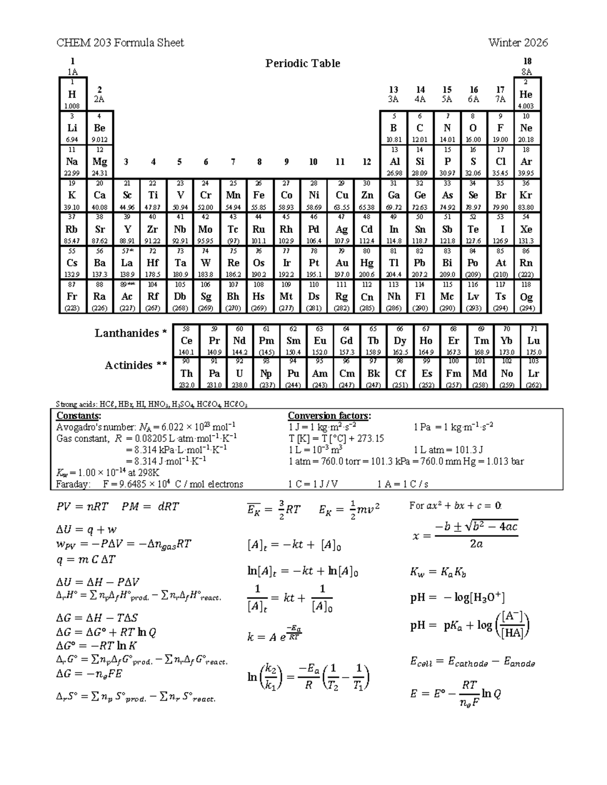 W26 CHEM 203 Winter 2026 Comprehensive Formula Sheet - Studocu