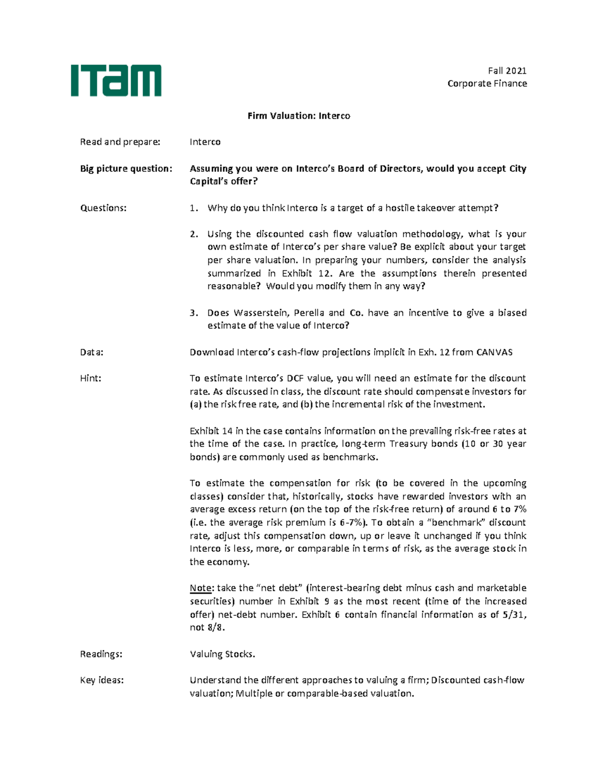 Final Exam Case Study: Interco Valuation Analysis - Corp Fin 2021 - Studocu