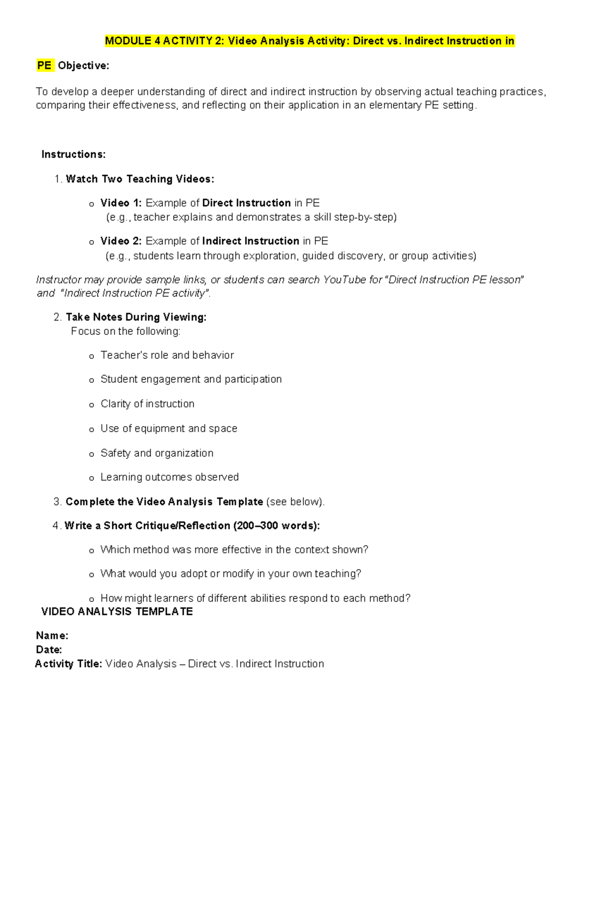 Module 4 Activity 2: Video Analysis of Direct vs. Indirect Instruction ...