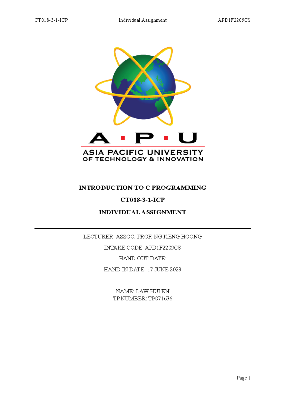 CT018-3-1-ICP C Programming Individual Assignment Overview - Studocu