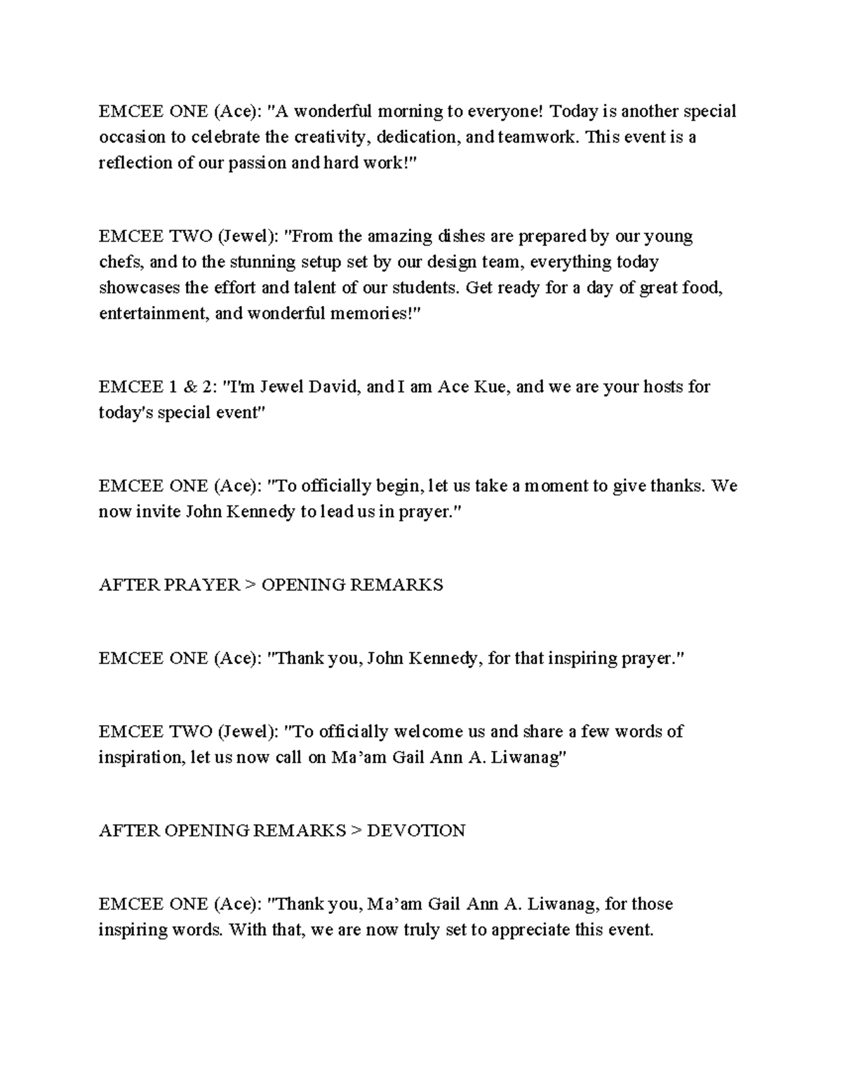 Emcee Script 2: Celebrating Creativity and Teamwork in TLE Event - Studocu