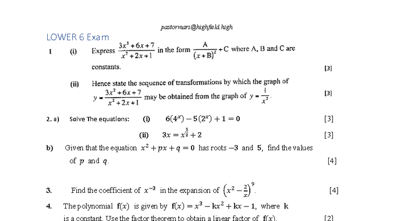Lower 6 Pure Mathematics Midyear Exam 2019 - Studocu