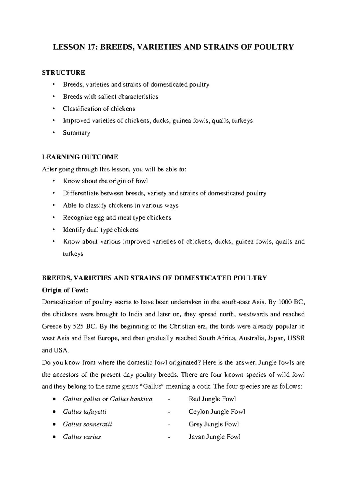 Breeds, varieties and strains of poultry - LESSON 17: BREEDS, VARIETIES ...