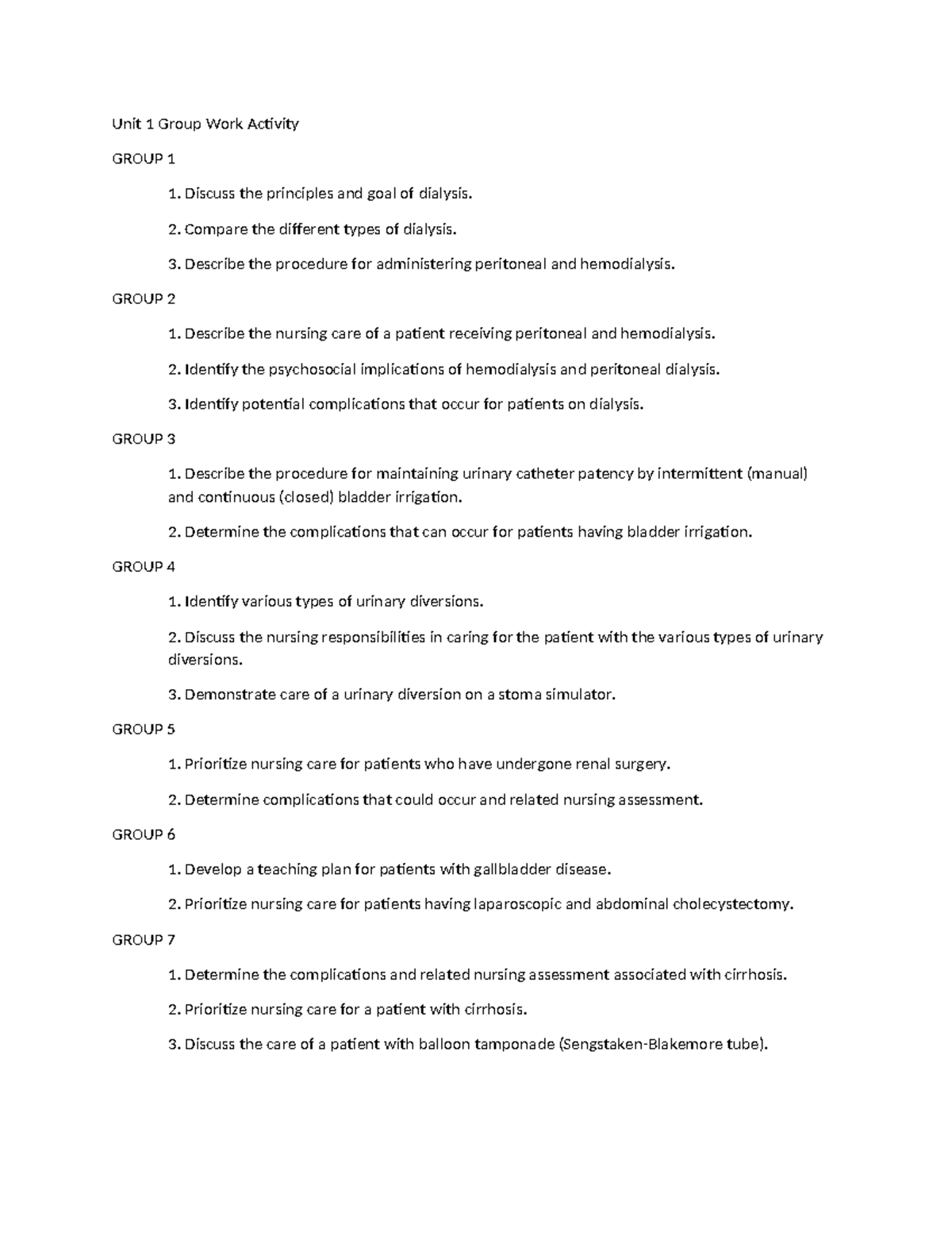 NUR 265 Unit 1 Activity Notes: Dialysis and Urinary Care Insights - Studocu