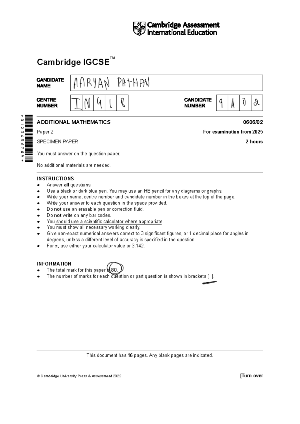 Cambridge IGCSE Additional Mathematics 0606/02 Specimen Paper 2025 ...