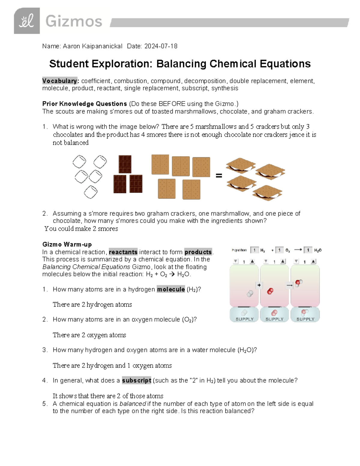 balancing chemical equations Gizmos - Name: Aaron Kaipananickal Date ...