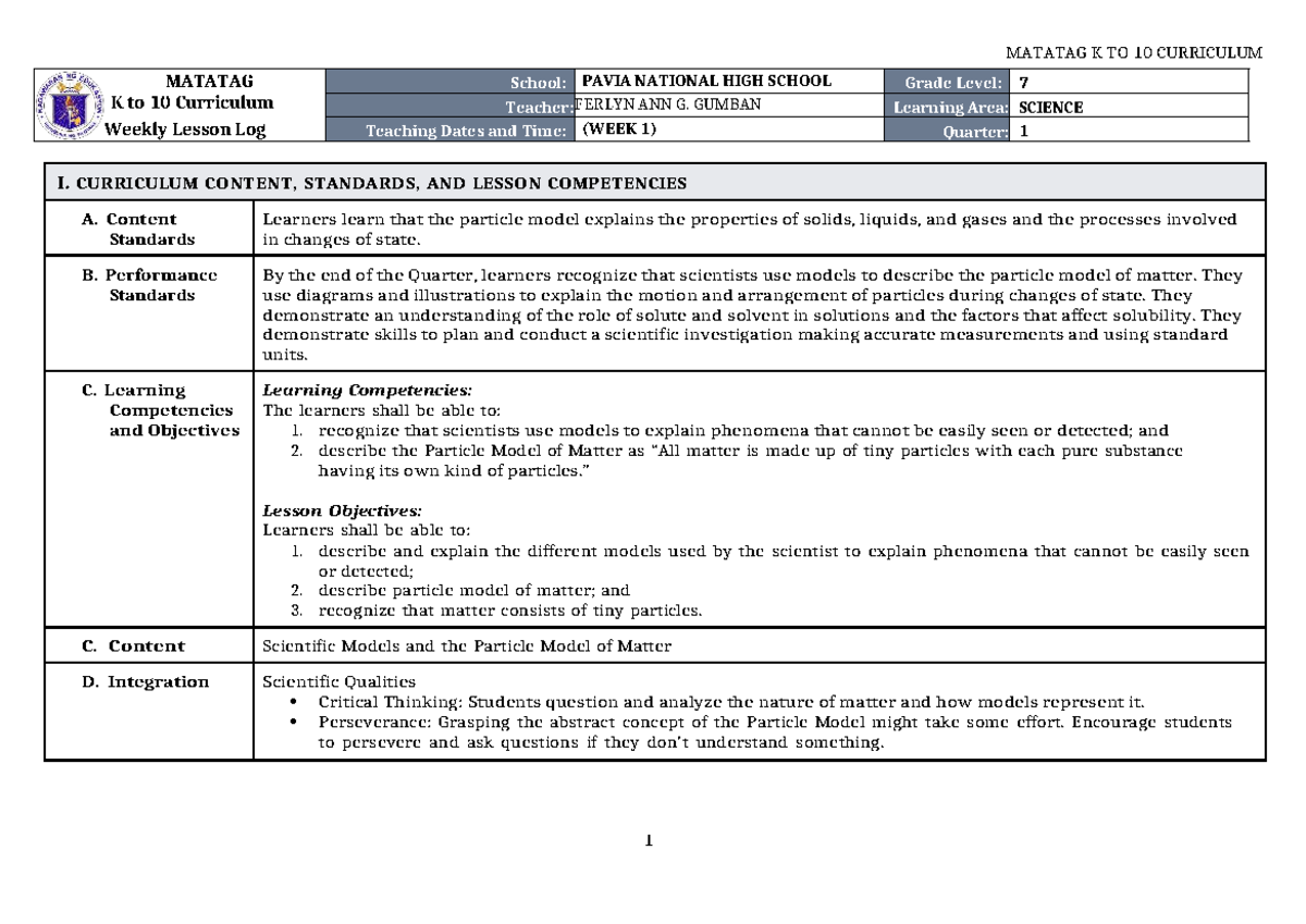 DLL Matatag Science 7 Q1 W1: Weekly Lesson Log on Particle Model - Studocu