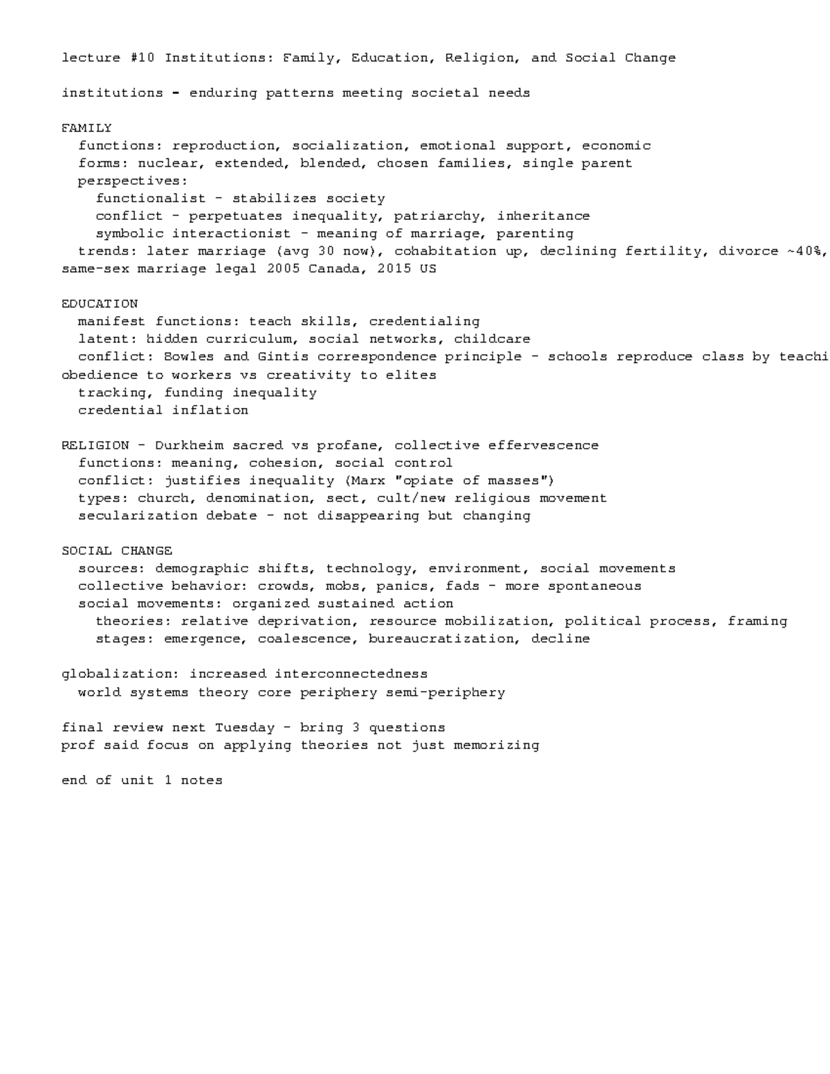 Sociology Lecture Notes: Institutions, Family, Education, Religion ...