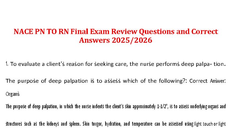 NACE PN TO RN Final Exam Review: Key Questions & Answers - Studocu