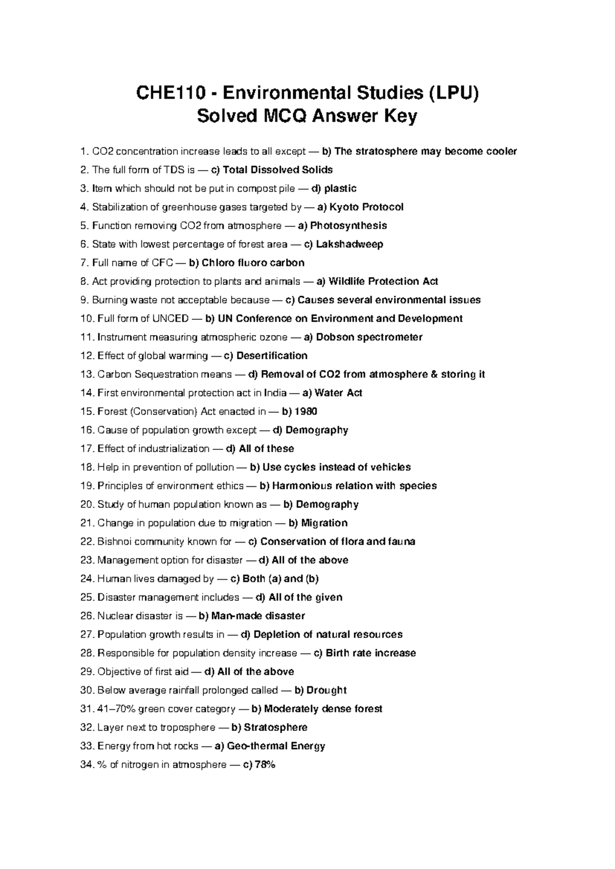 CHE110 Environmental Studies (LPU) Solved MCQ Answer Key - Studocu