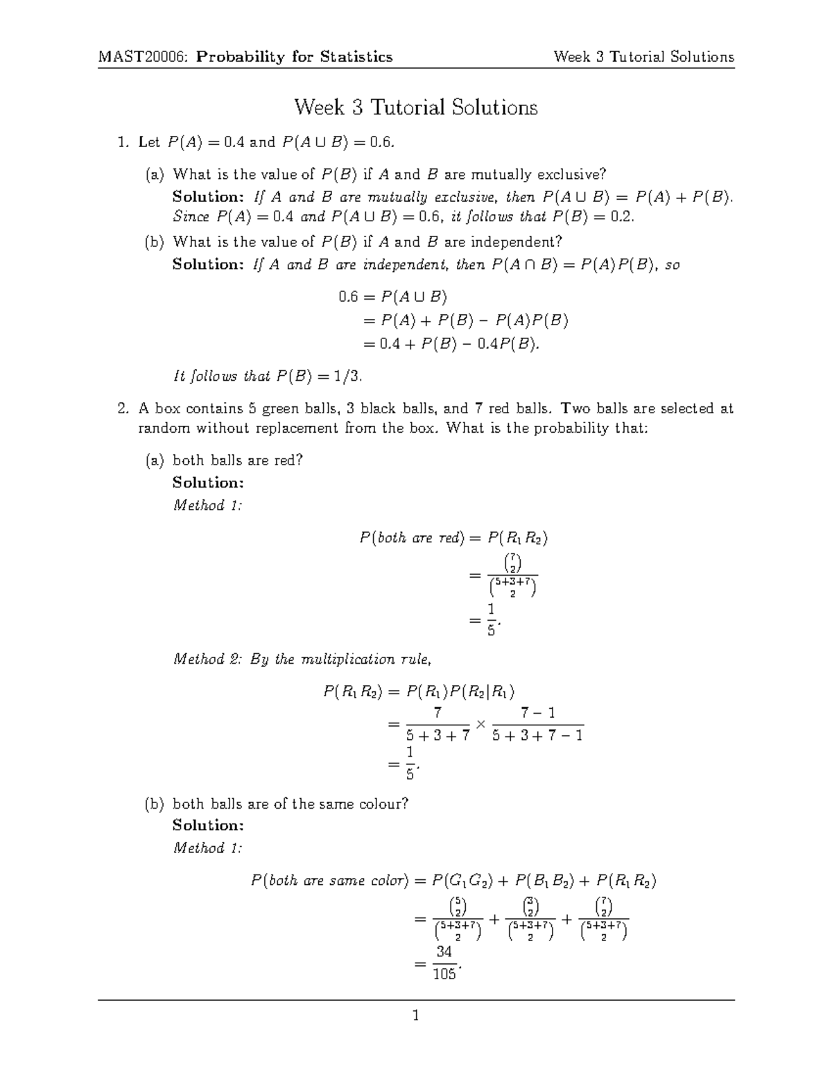 Probability for Statistics (STAT101) Week 3 Tutorial Solutions - Studocu