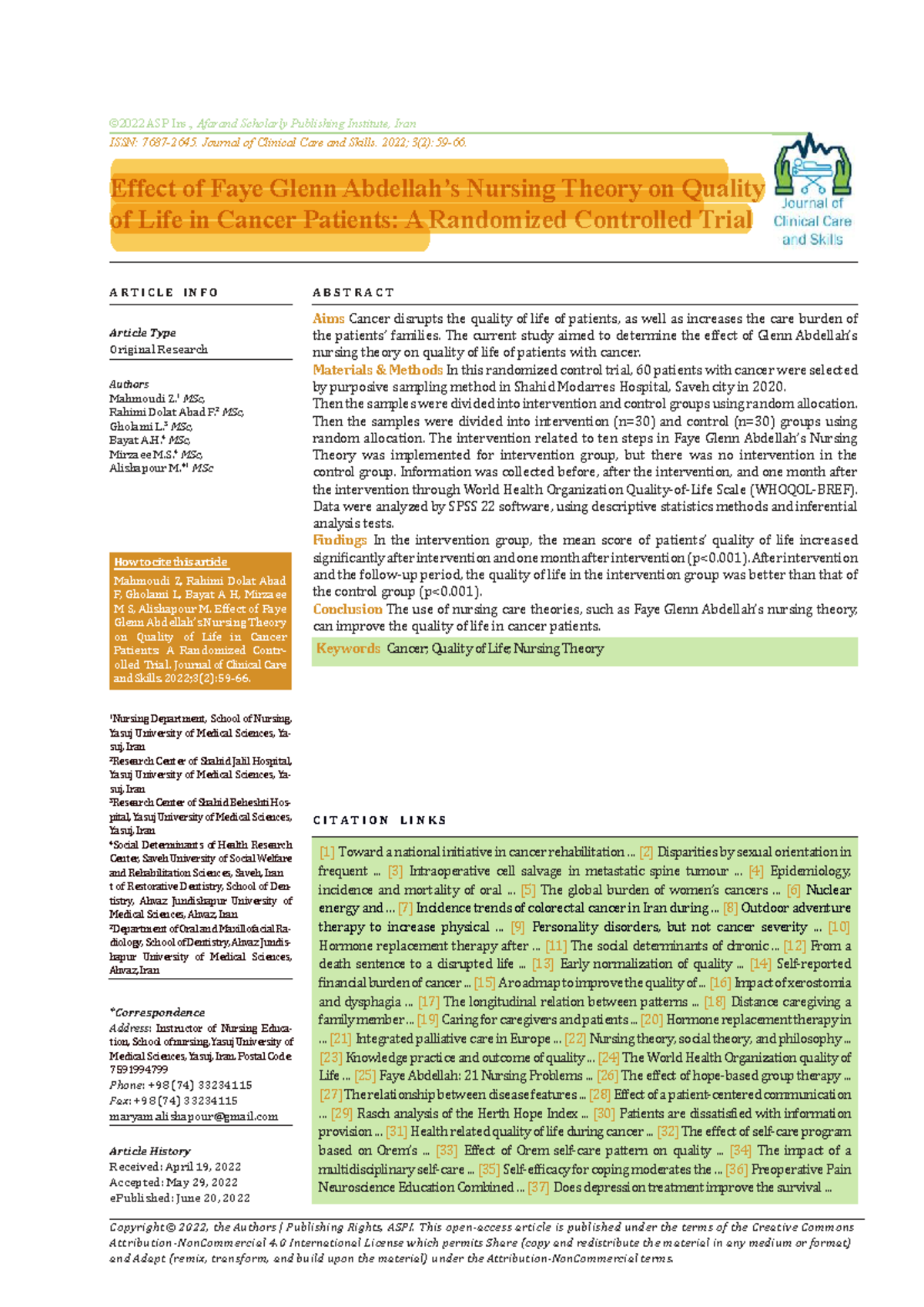 Effect of Faye Glenn Nursing Theory on Quality of Life in Cancer ...