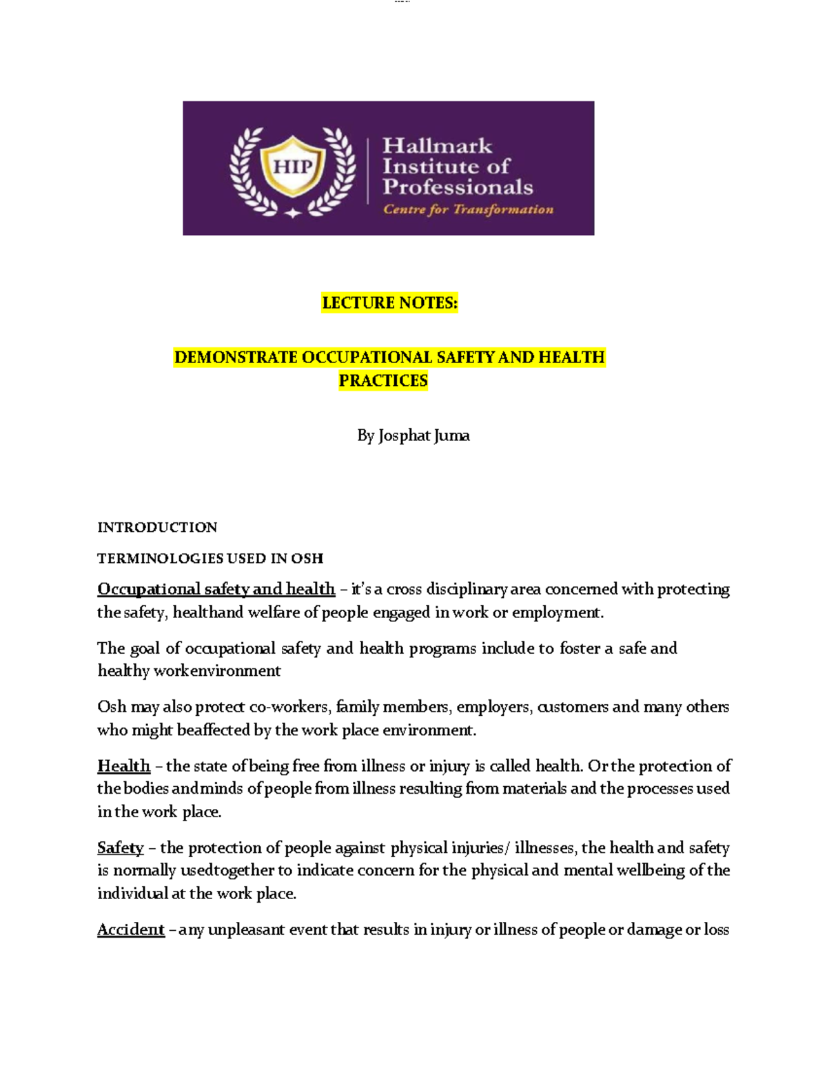 Demonstrate Occupational Safety & Health Practices - CPM Lecture Notes ...