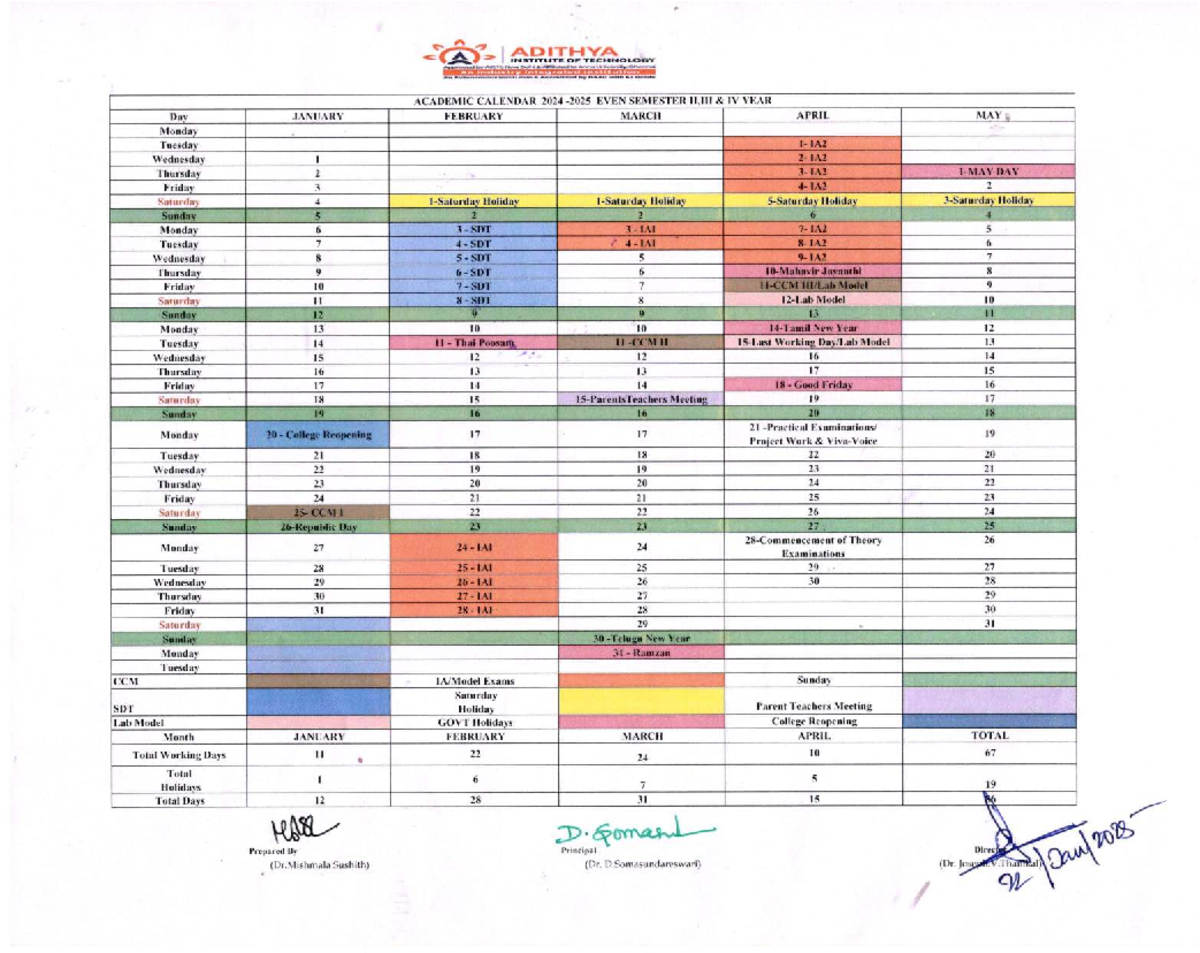 Academic Calendar 2024-25 Even Sem II, III & IV - Adithya Institute ...
