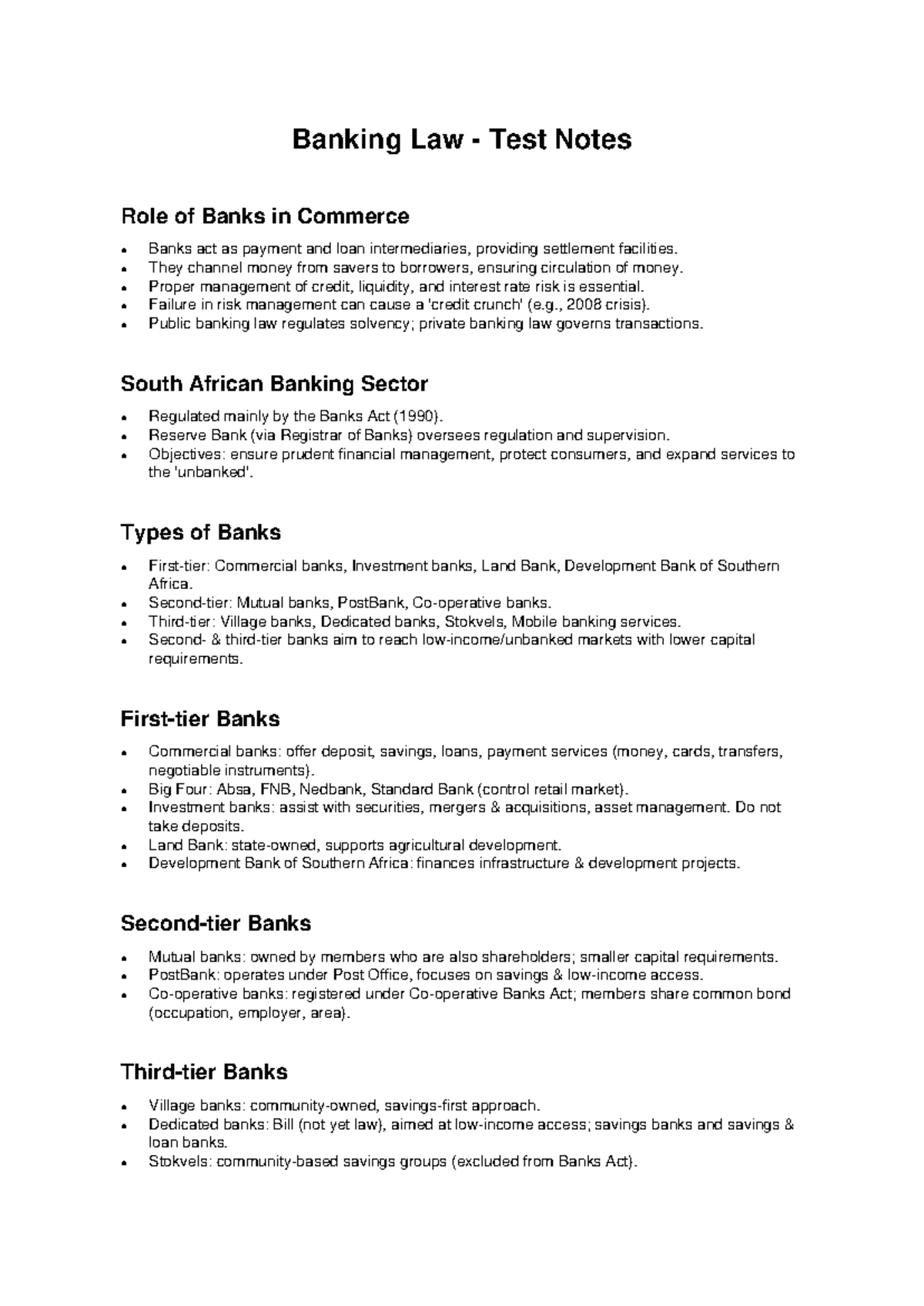 Banking Law Test Notes: Role of Banks in Commerce and Regulation - Studocu