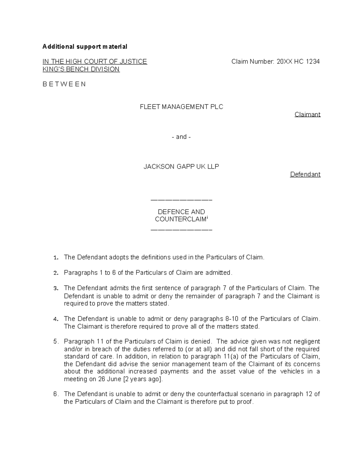 WS4 Additional Support Material: Defendant's Defence & Counterclaim ...