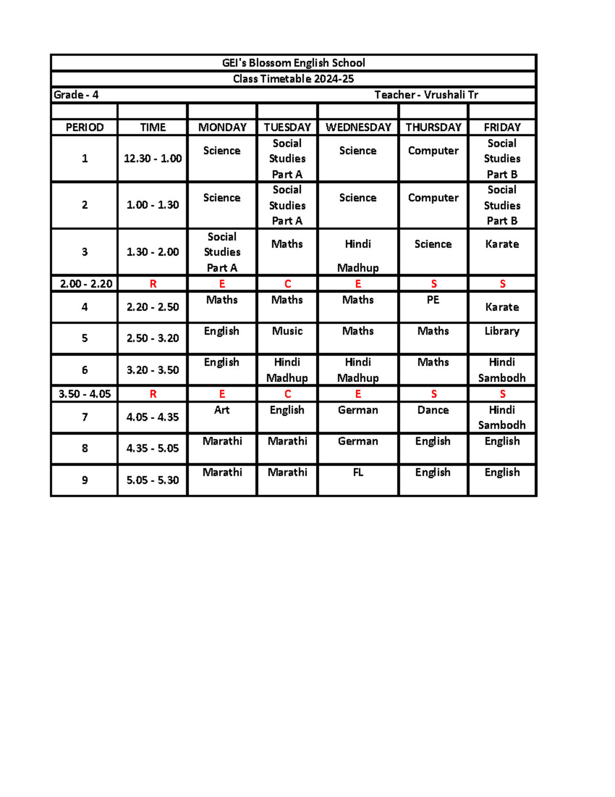 Grade 4 time table - PERIOD TIME MONDAY TUESDAY WEDNESDAY THURSDAY ...