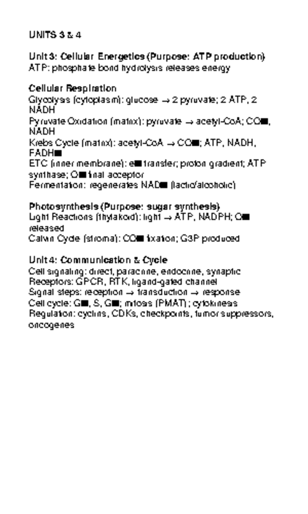 AP Biology Units 1-4 3x5 Notecard - UNITS 3 & 4 Unit 3: Cellular ...