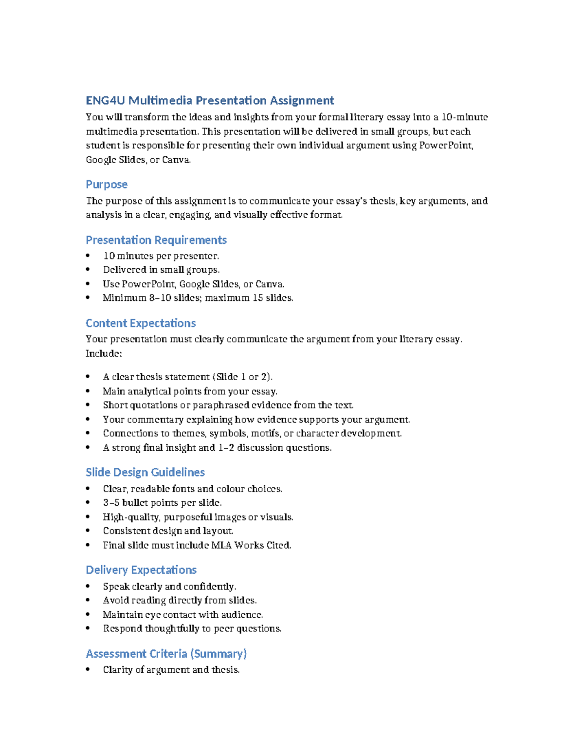 ENG4U Multimedia Presentation Assignment & Rubric Guide - Studocu