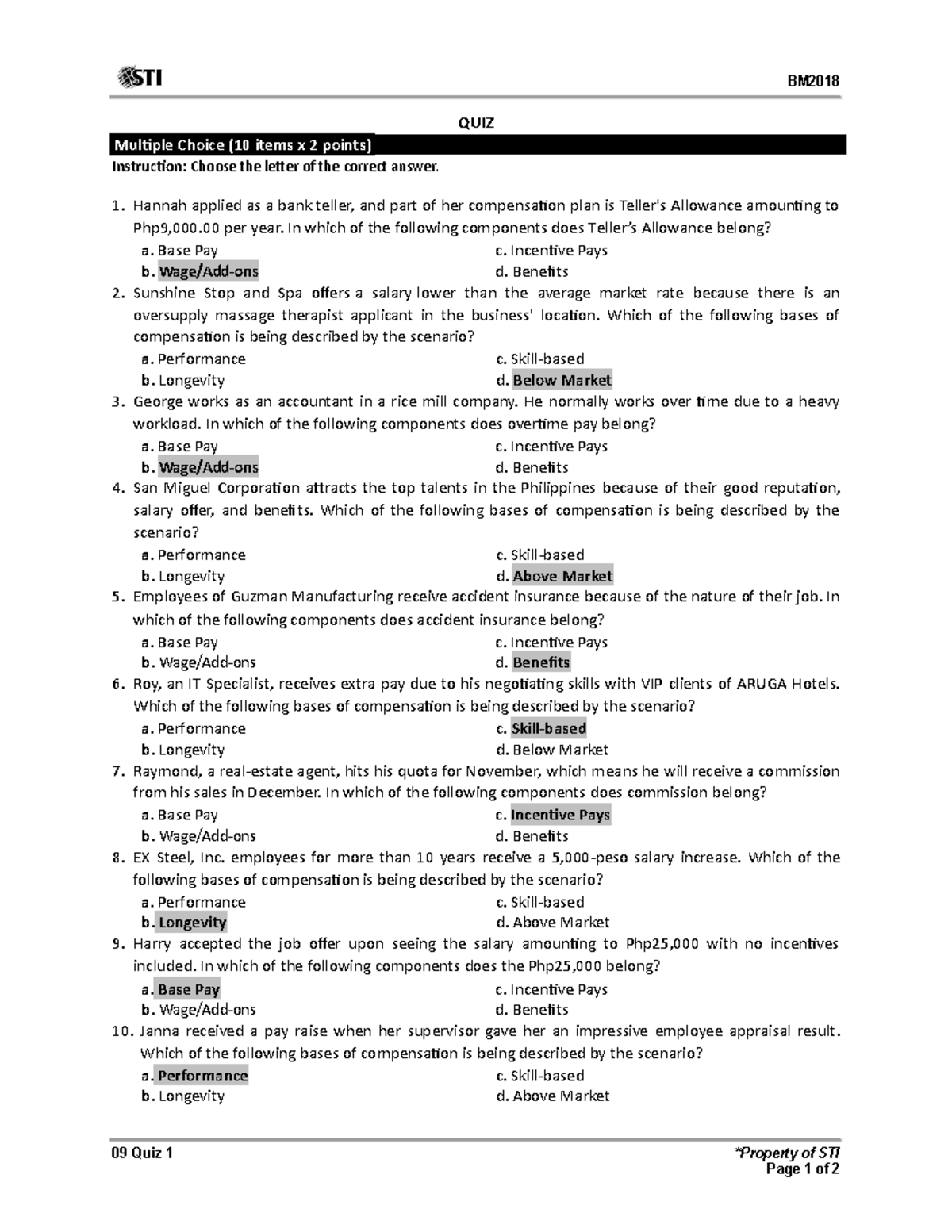 09 Quiz 1 - Wage Add-ons and Compensation Concepts Overview - Studocu