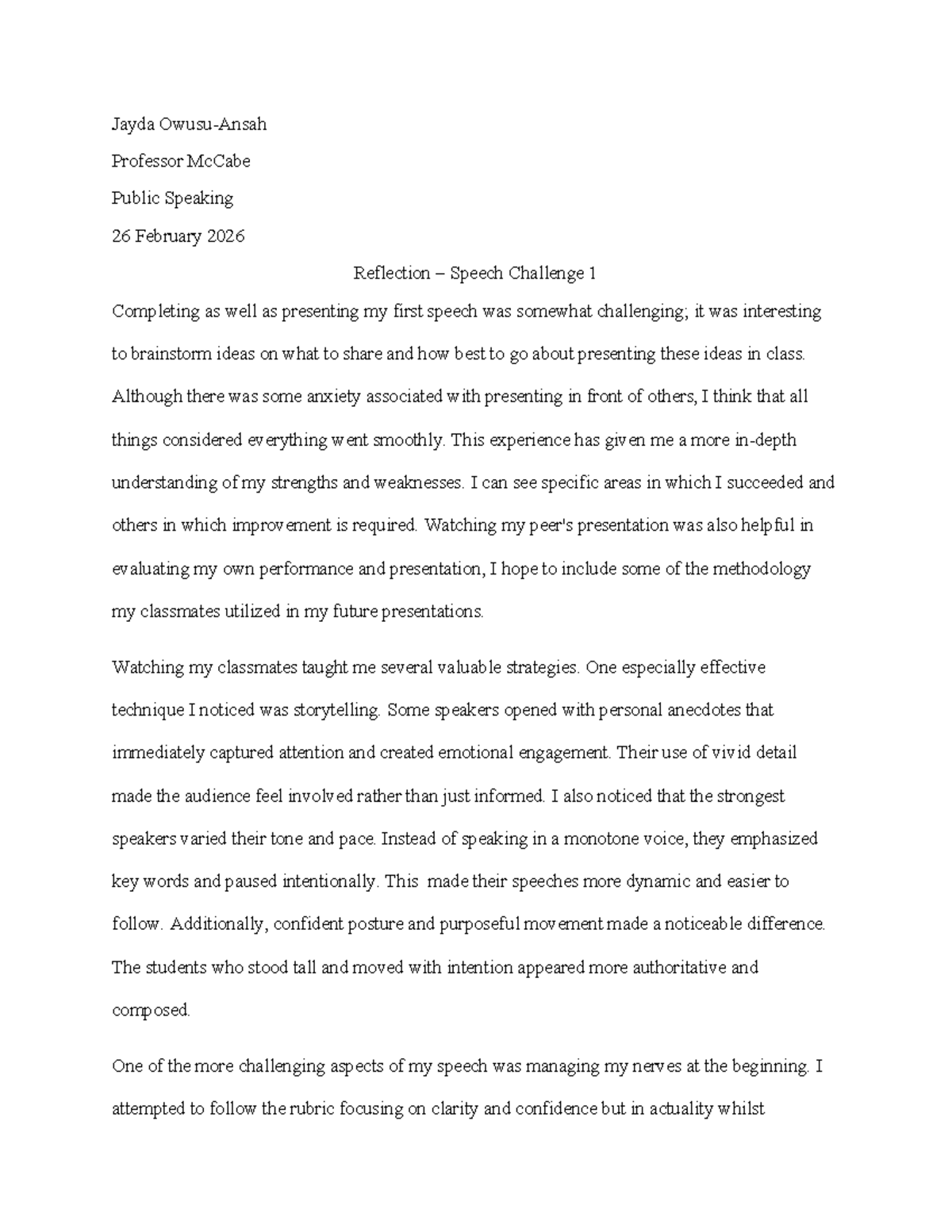 Public Speaking Reflection: Speech Challenge 1 - Jayda McCabe - Studocu