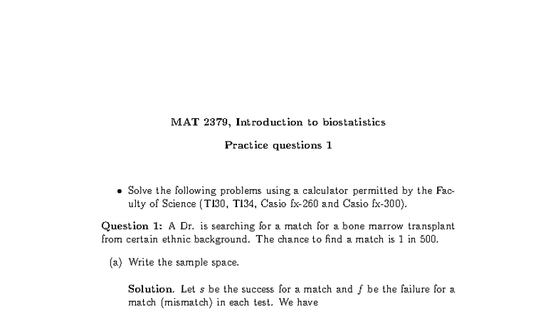 MAT 2379: Biostatistics Practice Questions 1-25 Solutions - Studocu